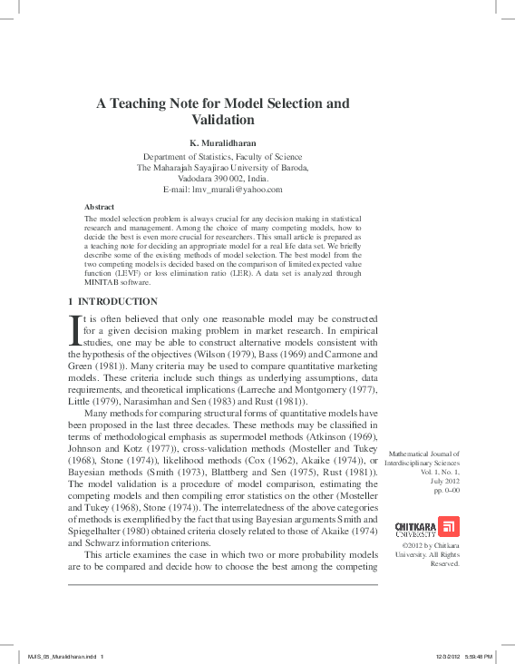 (PDF) A Teaching Note for Model Selection and Validation