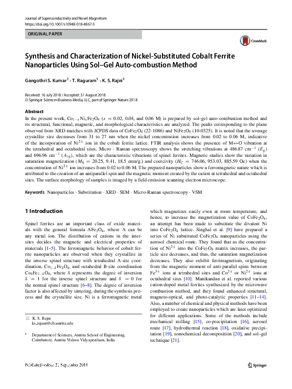 (PDF) Synthesis and Characterization of Nickel-Substituted Cobalt Ferrite Nanoparticles Using ...