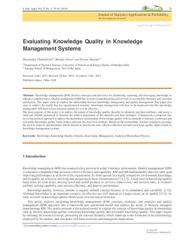 (PDF) Evaluating Knowledge Quality in Knowledge Management Systems