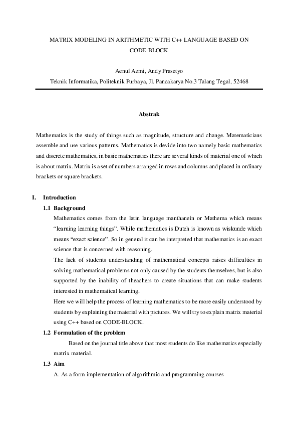 (PDF) MATRIX MODELING IN ARITHMETIC WITH C++ LANGUAGE BASED ON CODE-BLOCK