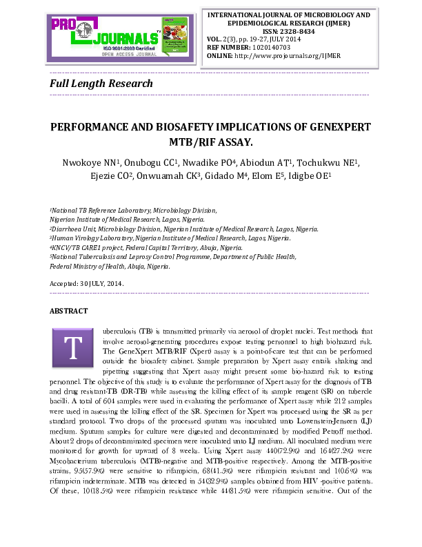 (PDF) PERFORMANCE AND BIOSAFETY IMPLICATIONS OF GENEXPERT MTB/RIF ASSAY