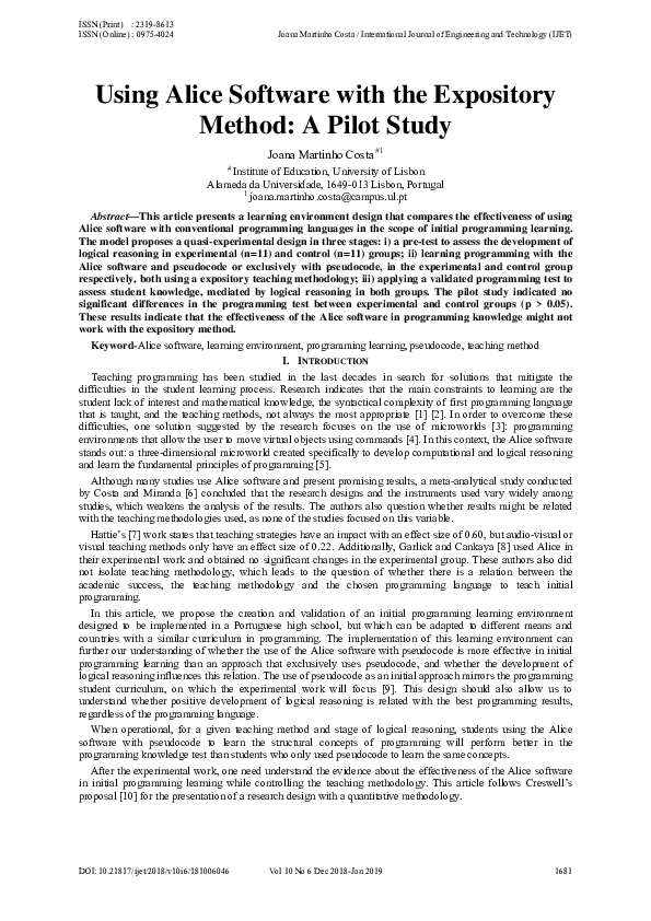 (PDF) Using Alice Software with the Expository Method: A Pilot Study