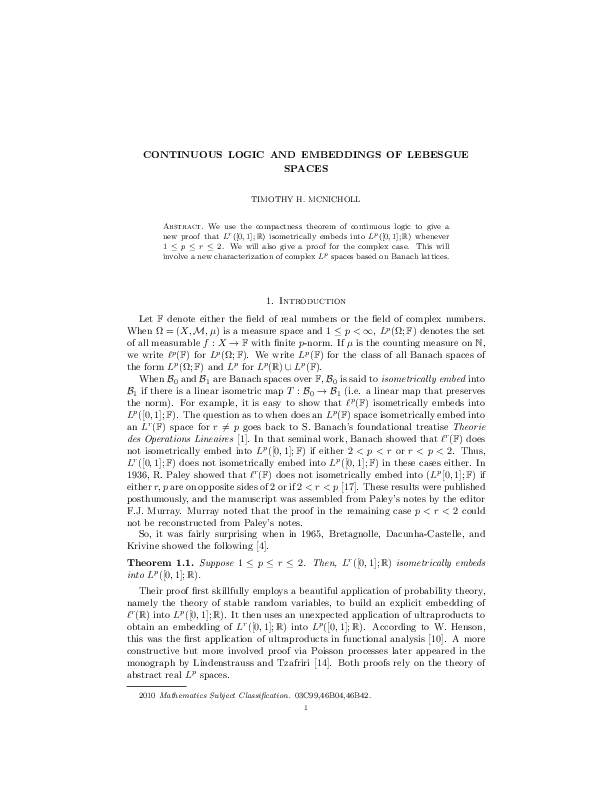 (PDF) CONTINUOUS LOGIC AND EMBEDDINGS OF LEBESGUE SPACES