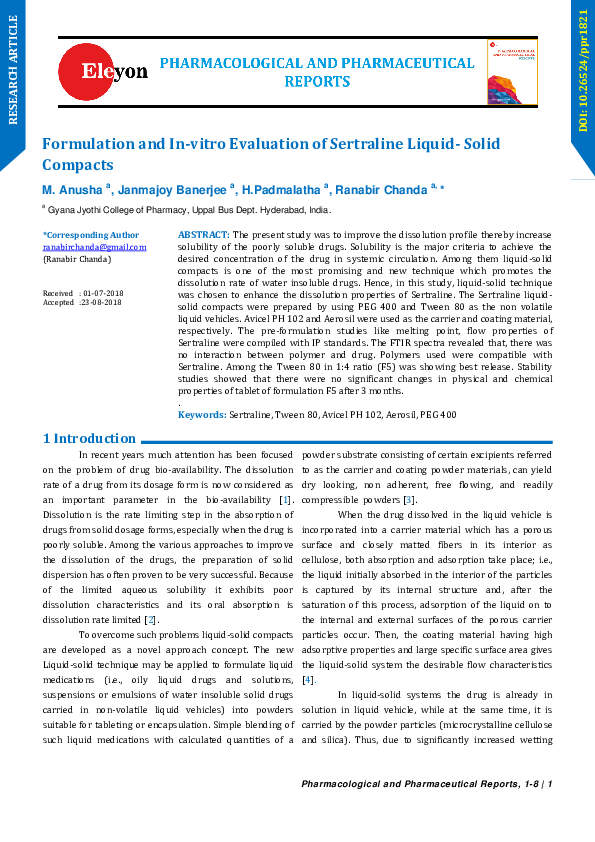 Pdf Formulation And In Vitro Evaluation Of Sertraline Liquid Solid Compacts