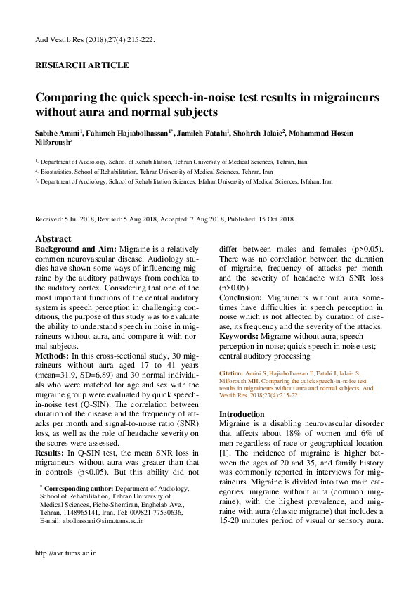 (PDF) Comparing the quick speech-in-noise test results in migraineurs ...