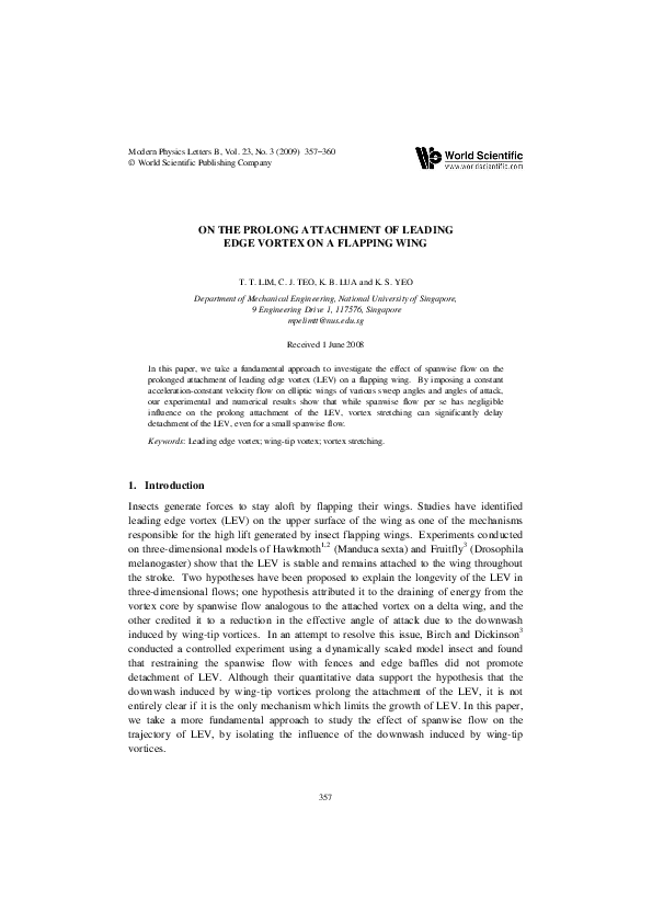 (PDF) ON THE PROLONG ATTACHMENT OF LEADING EDGE VORTEX ON A FLAPPING WING