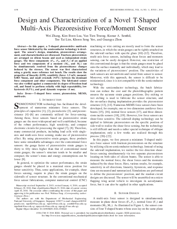 (PDF) Design and Characterization of a Novel T-Shaped Multi-Axis Piezoresistive Force/Moment Sensor