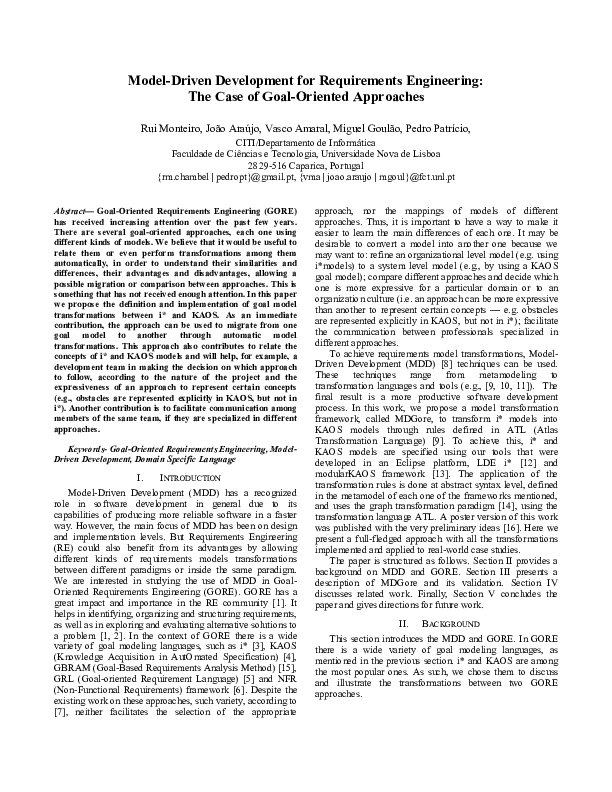 (PDF) Model-Driven Development for Requirements Engineering: The Case of Goal-Oriented Approaches