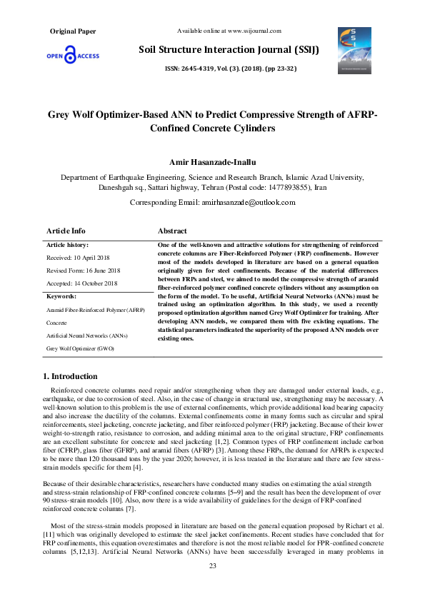 (PDF) Grey Wolf Optimizer-Based ANN to Predict Compressive Strength of AFRP- Confined Concrete ...