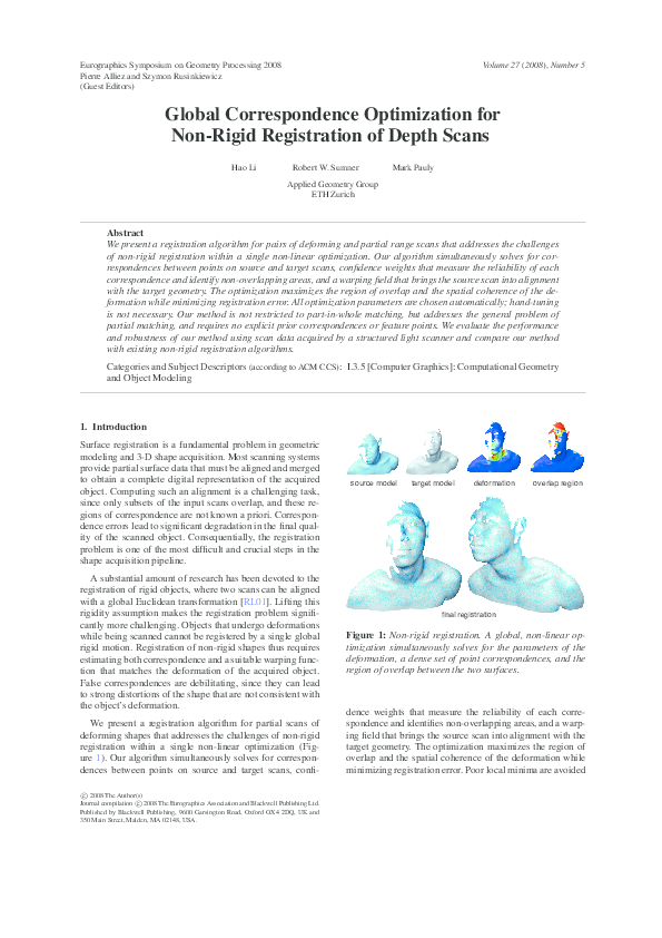 (PDF) Global Correspondence Optimization for Non-Rigid Registration of Depth Scans