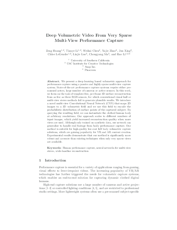 (PDF) Deep Volumetric Video From Very Sparse Multi-View Performance Capture