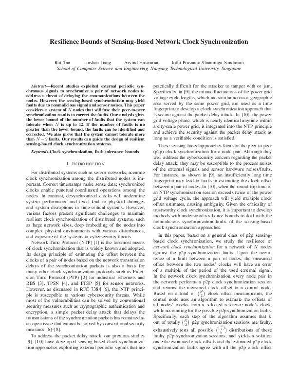 (PDF) Resilience Bounds of Sensing-Based Network Clock Synchronization | Rui Tan and Linshan ...