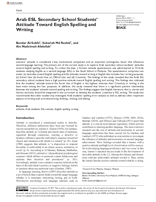 (PDF) Arab ESL Secondary School Students’ Attitude Toward English ...