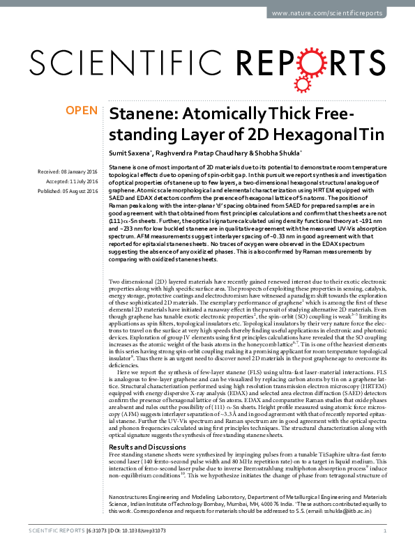 (PDF) Stanene: Atomically Thick Free- standing Layer of 2D Hexagonal ...
