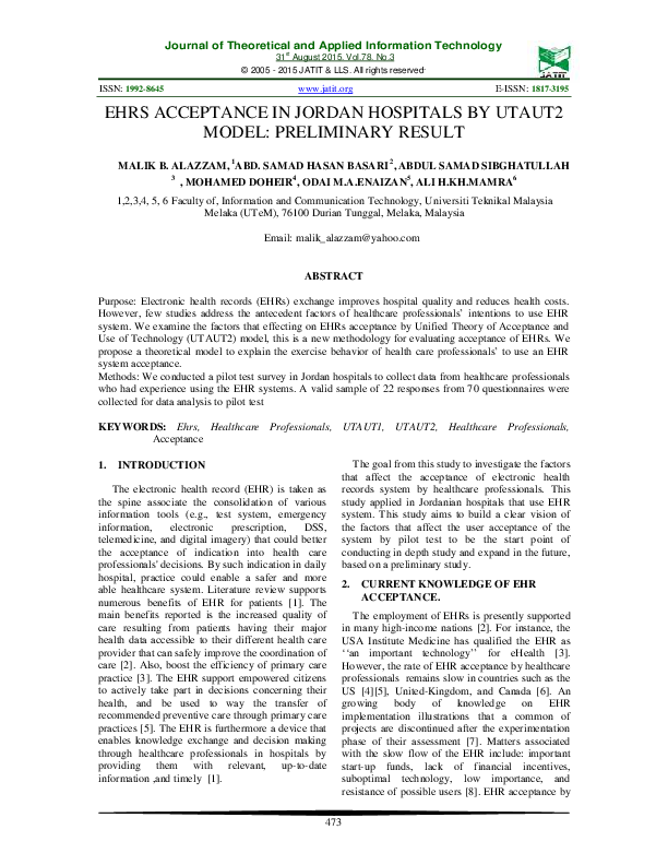 (PDF) EHRS ACCEPTANCE IN JORDAN HOSPITALS BY UTAUT2 MODEL: PRELIMINARY RESULT