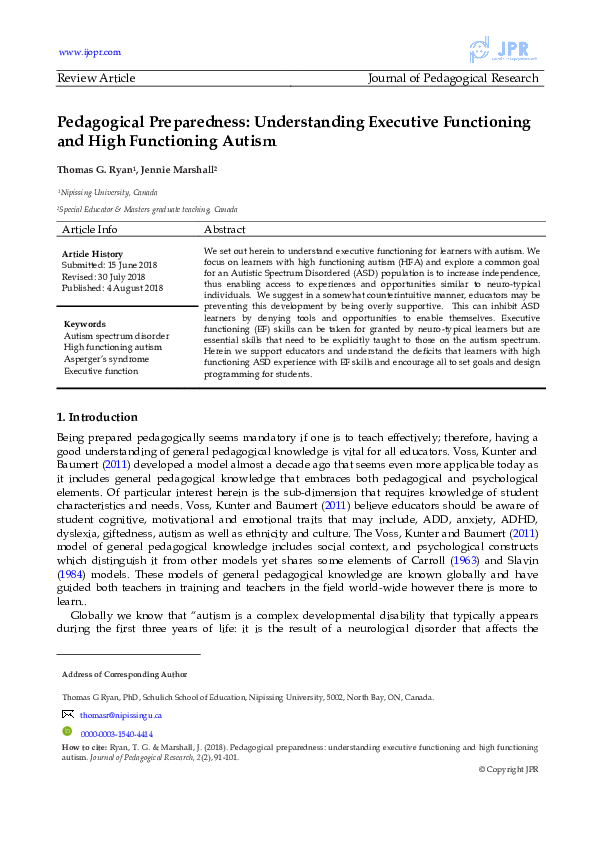 (PDF) Pedagogical Preparedness: Understanding Executive Functioning and High Functioning Autism