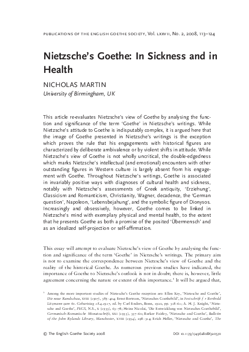 (PDF) Nietzsche's Goethe: In Sickness and in Health