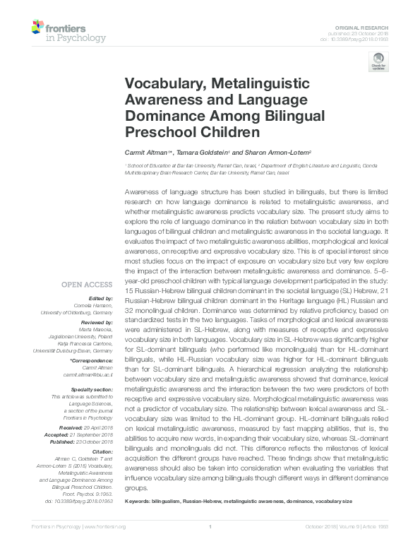 (PDF) Vocabulary, Metalinguistic Awareness and Language Dominance Among ...