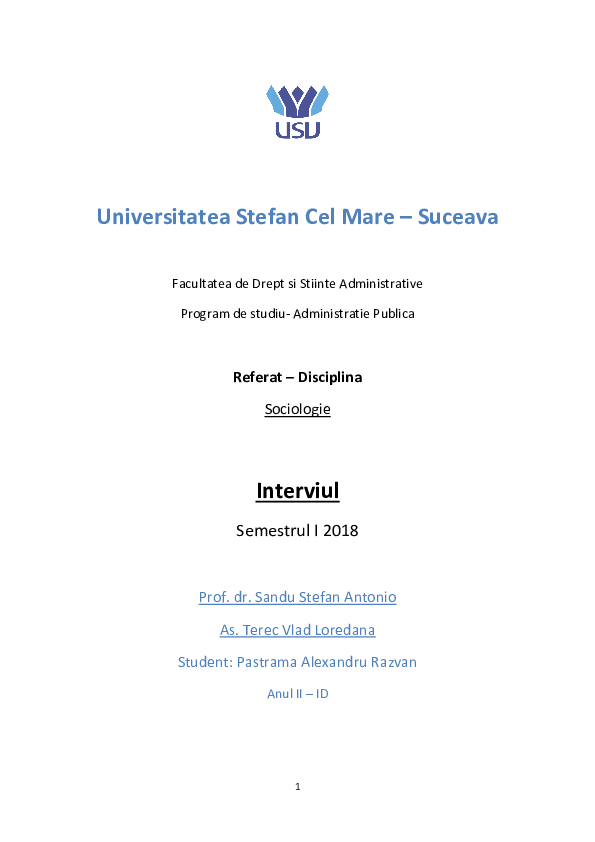 (DOC) Universitatea Stefan Cel Mare -Suceava Referat -Disciplina Sociologie Interviul Semestrul ...