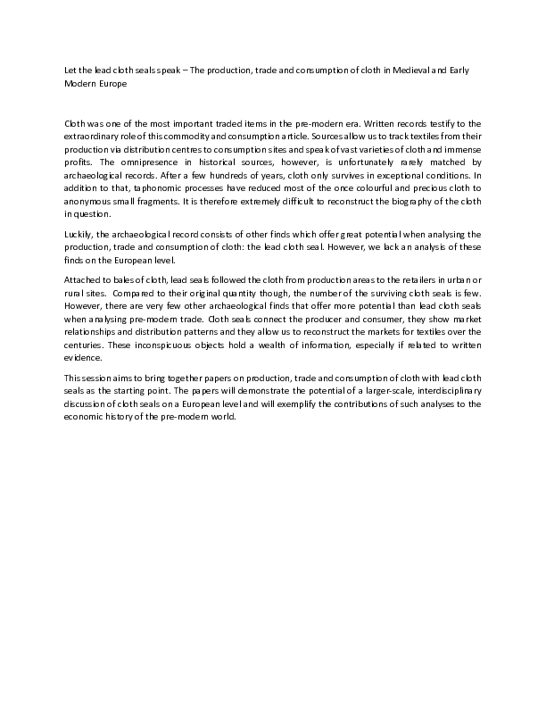 (PDF) Call for papers: EAA 2019 Bern session: Let the lead cloth seals speak -The production ...