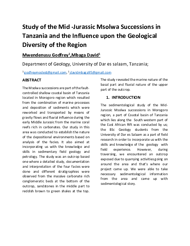 (PDF) Study of the Mid -Jurassic Msolwa Successions in Tanzania and the ...