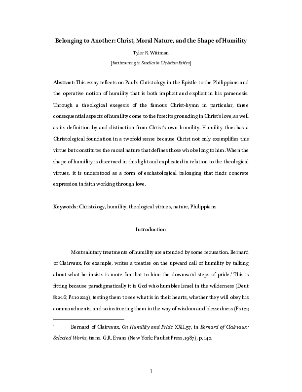 (PDF) Belonging to Another: Christ, Moral Nature, and the Shape of Humility