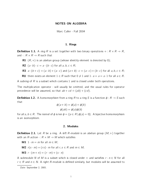 (PDF) NOTES ON ALGEBRA