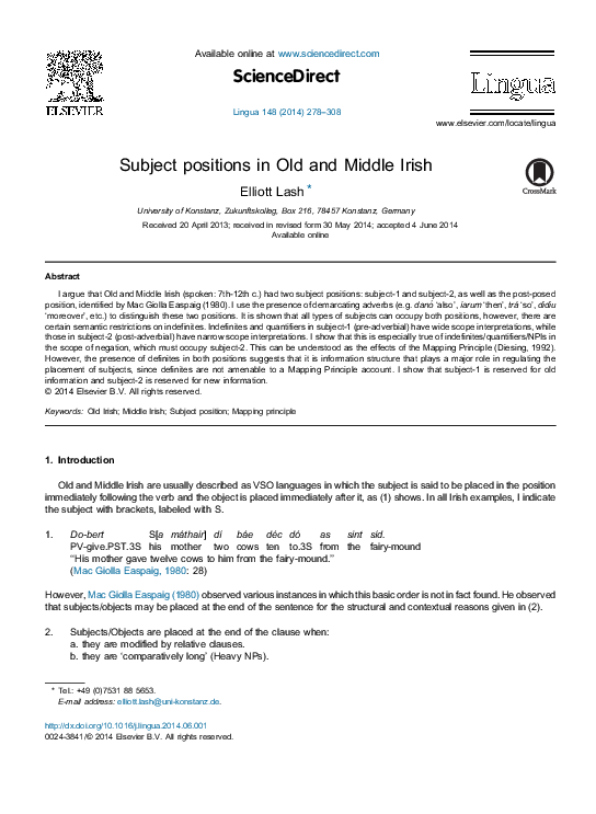 (PDF) Subject positions in Old and Middle Irish
