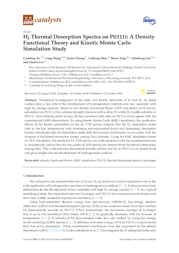 (PDF) H 2 Thermal Desorption Spectra on Pt(111): A Density Functional ...