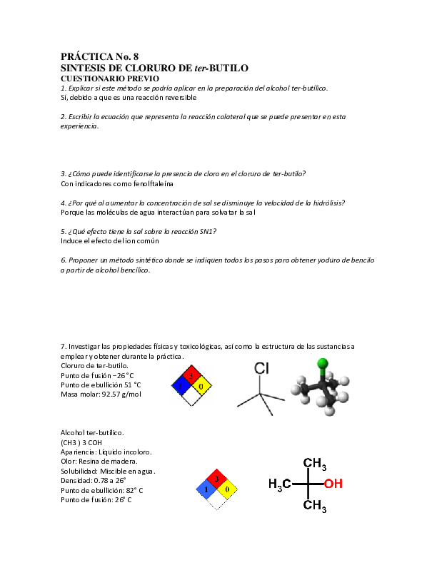 (DOC) PRÁCTICA No. 8 SINTESIS DE CLORURO DE ter-BUTILO