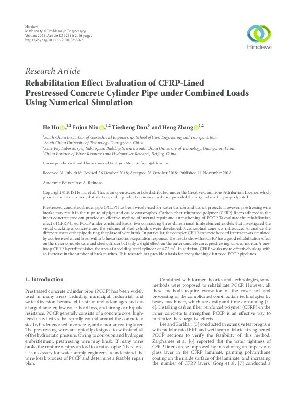 (PDF) Rehabilitation Effect Evaluation of CFRP-Lined Prestressed Concrete Cylinder Pipe under ...