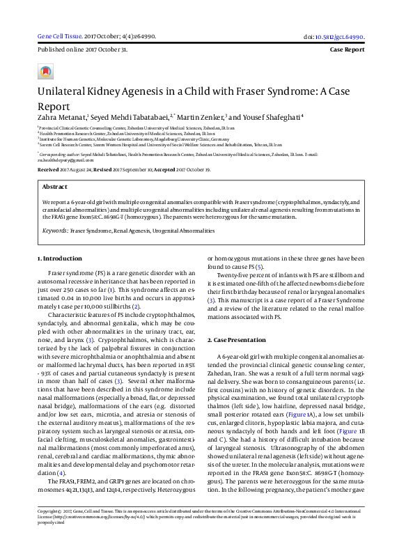 (PDF) Unilateral Kidney Agenesis in a Child with Fraser Syndrome: A ...