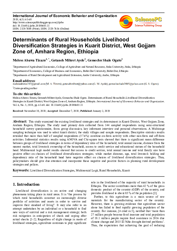 Pdf Determinants Of Rural Households Livelihood Diversification