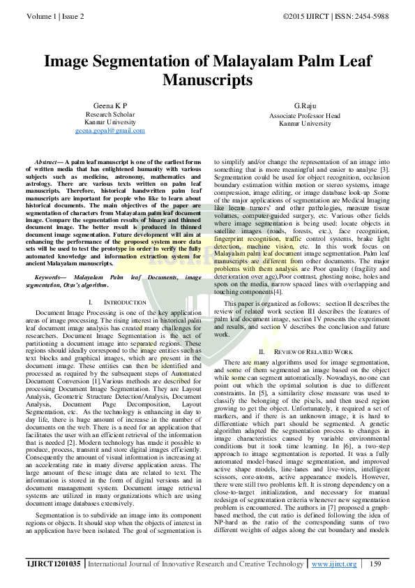 (PDF) Image Segmentation of Malayalam Palm Leaf Manuscripts