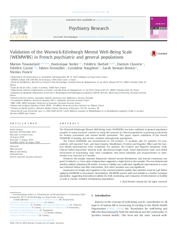 (PDF) Validation of the Warwick-Edinburgh Mental Well-Being Scale ...