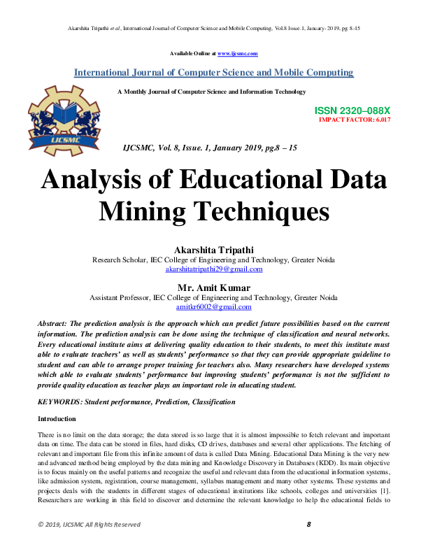 Pdf Analysis Of Educational Data Mining Techniques