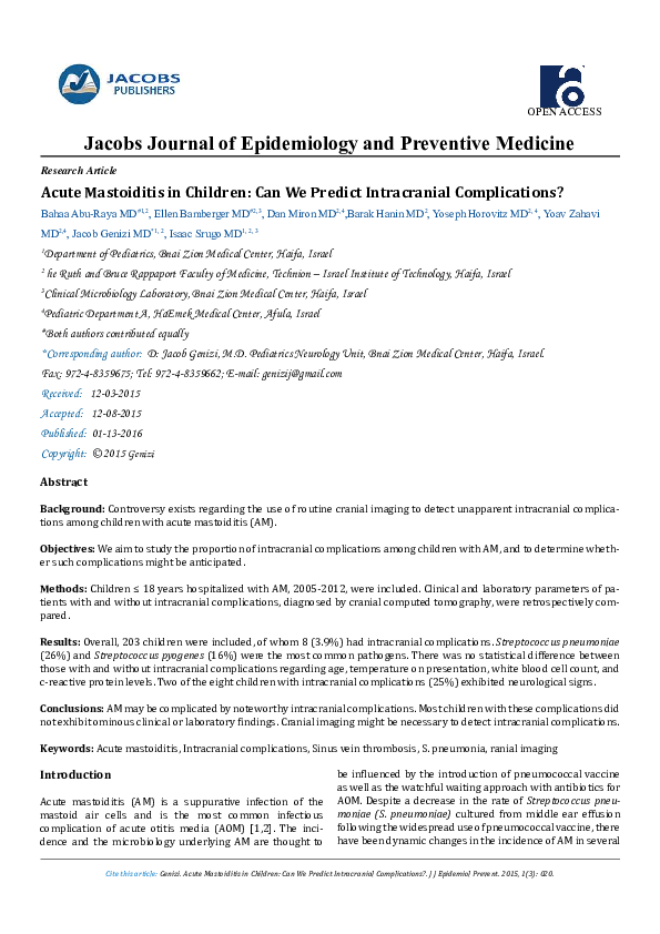 (PDF) Acute Mastoiditis in Children: Can We Predict Intracranial ...