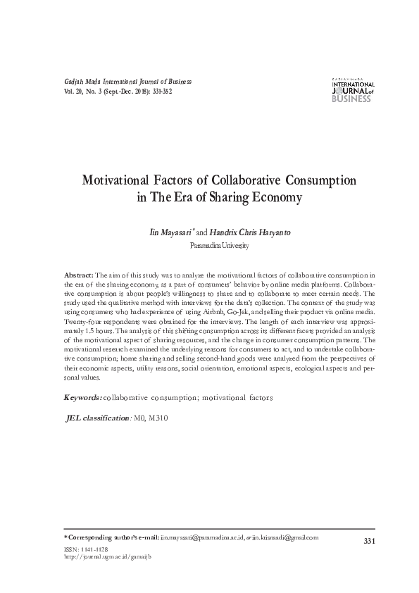 (PDF) Motivational Factors of Collaborative Consumption in The Era of ...