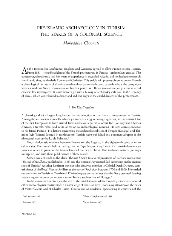 (PDF) PRE-ISLAMIC ARCHAEOLOGY IN TUNISIA: THE STAKES OF A COLONIAL SCIENCE