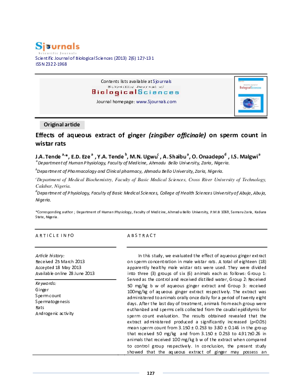 Pdf Effects Of Aqueous Extract Of Ginger Zingiber Officinale On
