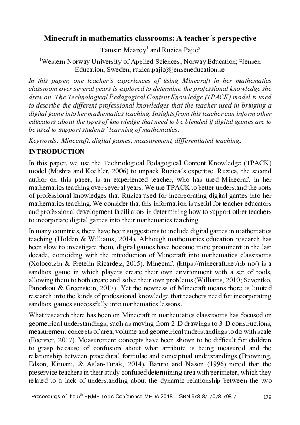 (PDF) Minecraft in mathematics classrooms: A teacher´s perspective