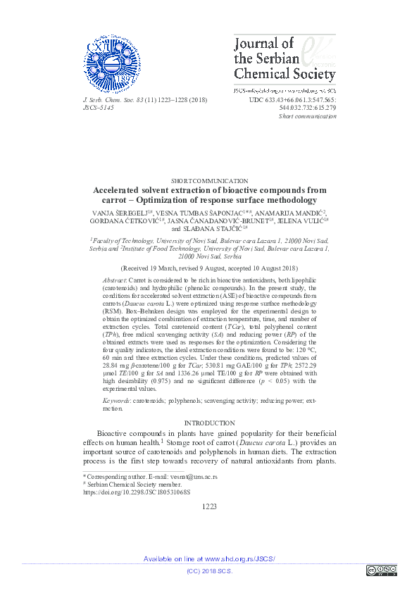 Pdf Accelerated Solvent Extraction Of Carrot Response Surface Methodology Optimization