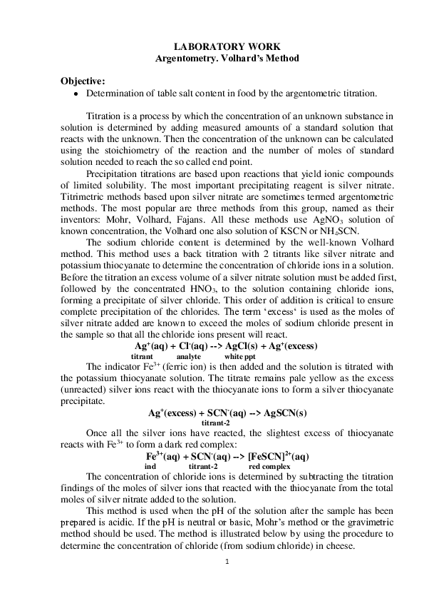 (DOC) Lab 7 Argentometry Volhard Method Determination salt in food