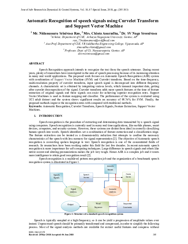 Pdf Automatic Recognition Of Speech Signals Using Curvelet Transform And Support Vector