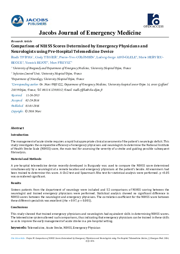 (PDF) Comparison of NIHSS Scores Determined by Emergency Physicians and ...