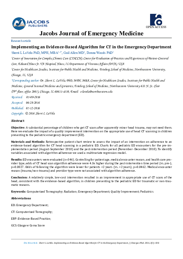 Pdf Implementing An Evidence Based Algorithm For Ct In The Emergency