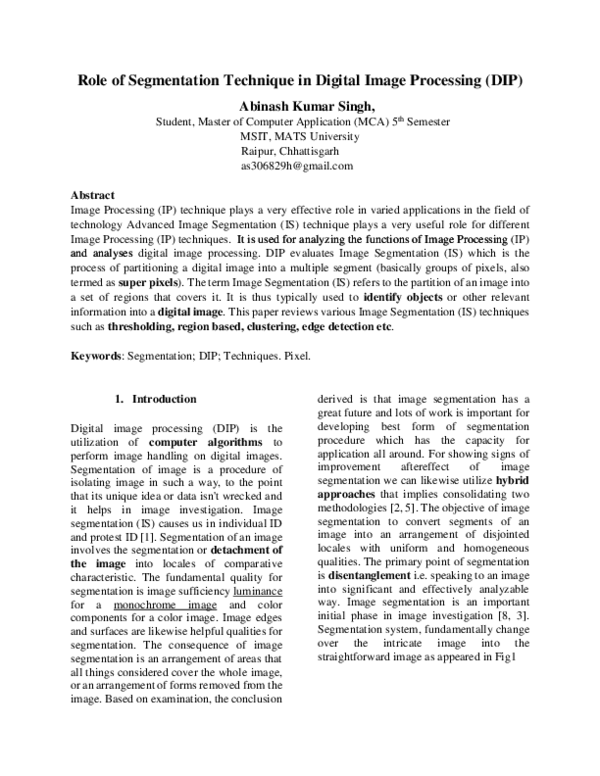 Pdf Role Of Segmentation Technique In Digital Image Processing Dip