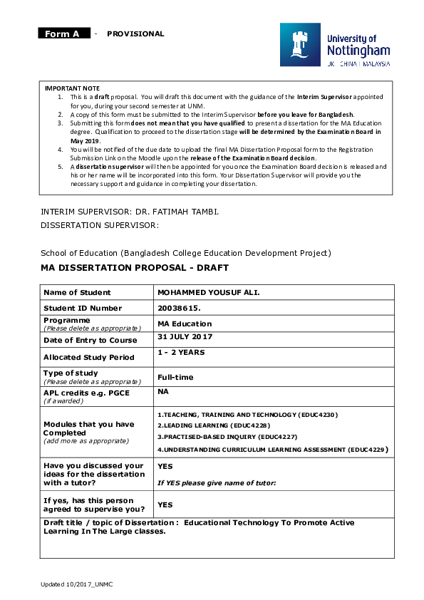 (DOC) MA DISSERTATION PROPOSAL -DRAFT Name of Student