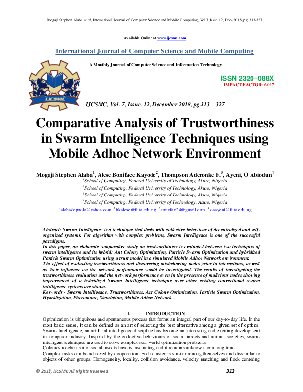 Pdf Comparative Analysis Of Trustworthiness In Swarm Intelligence