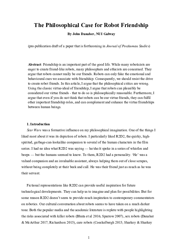 (PDF) The Philosophical Case for Robot Friendships